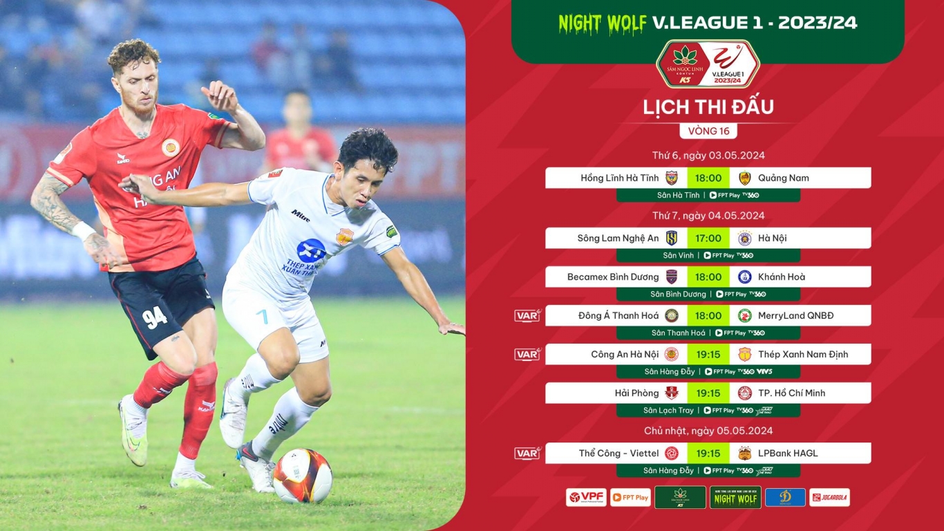 Lịch thi đấu vòng 16 V-League 2023/2024: CAHN đấu Nam Định