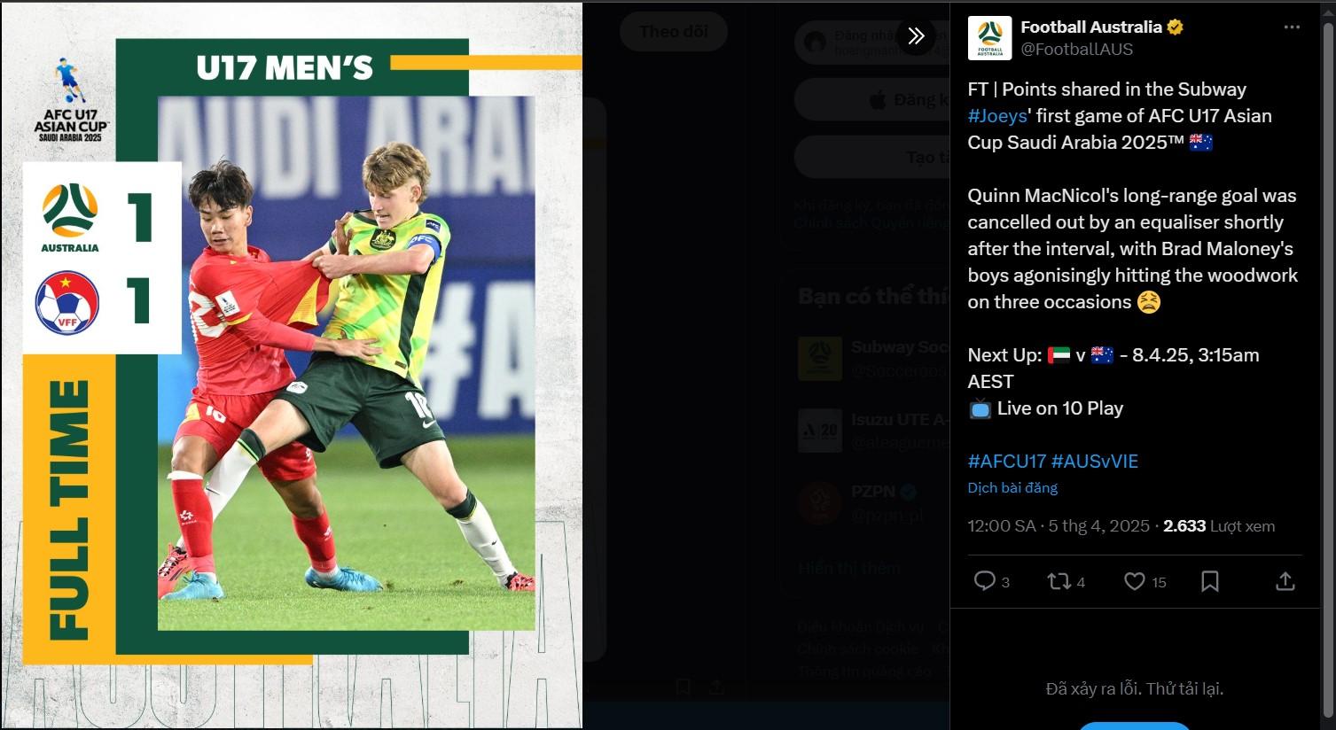 LĐBĐ Úc thốt lên 1 điều khi đánh mất điểm số trước U17 Việt Nam