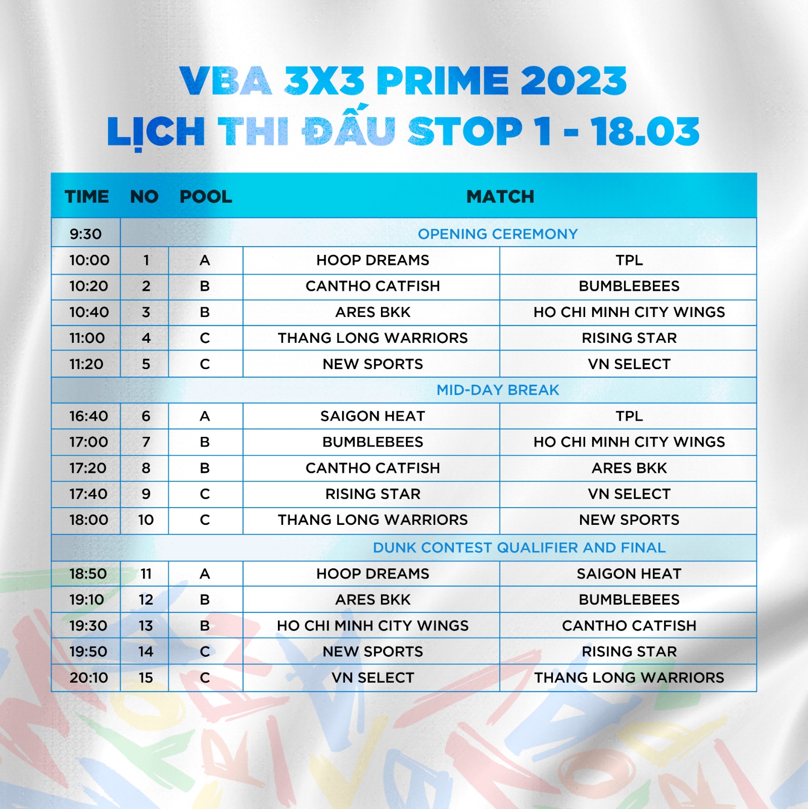 Lịch thi đấu giải bóng rổ VBA 3x3 prime 2023 chặng 1