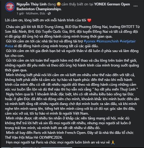 Nguyễn Thùy Linh cảm ơn NHM hậu chung kết Đức mở rộng, đẹp cả tài năng và nhân cách