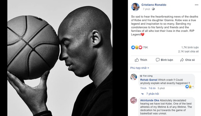 Ronaldo cùng nhiều ngôi sao bàng hoàng trước sự ra đi của Kobe Bryant